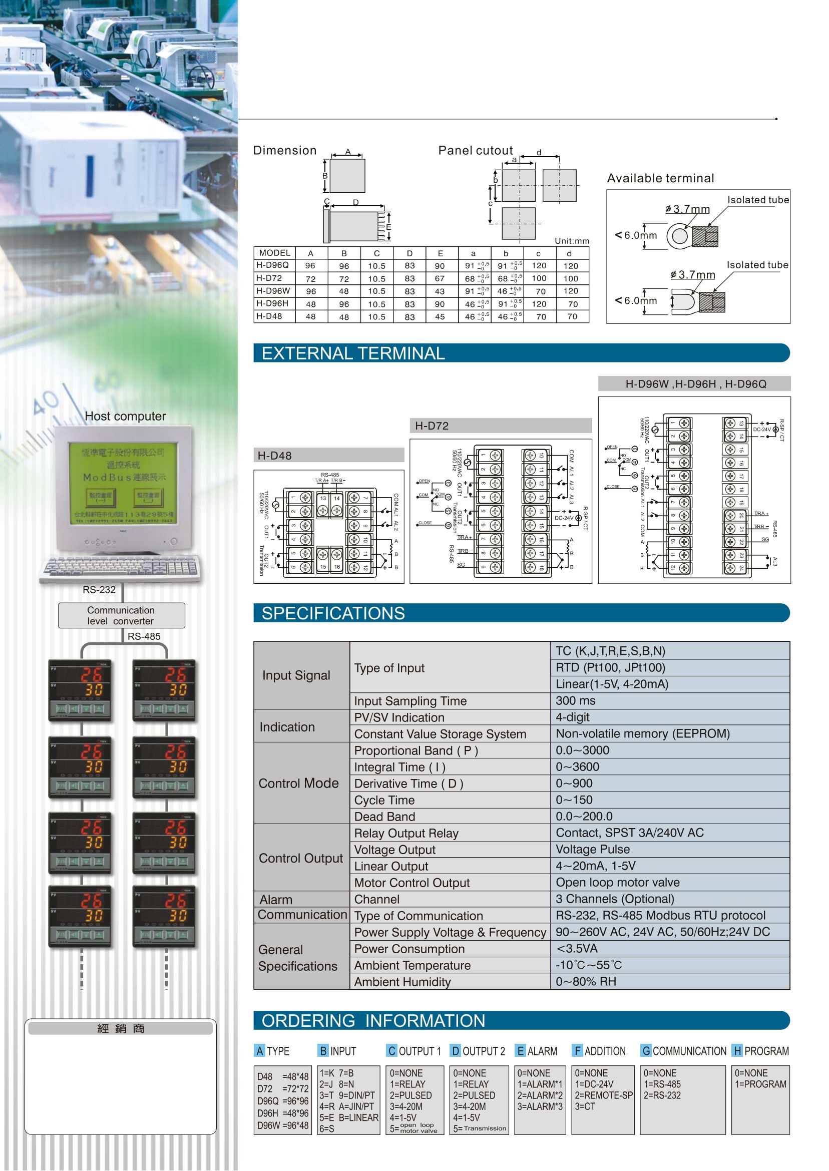 D48-1110-010 数显温控器96*96外形尺寸 电流输出带485通讯 - 川得模块型多路温控器模块
